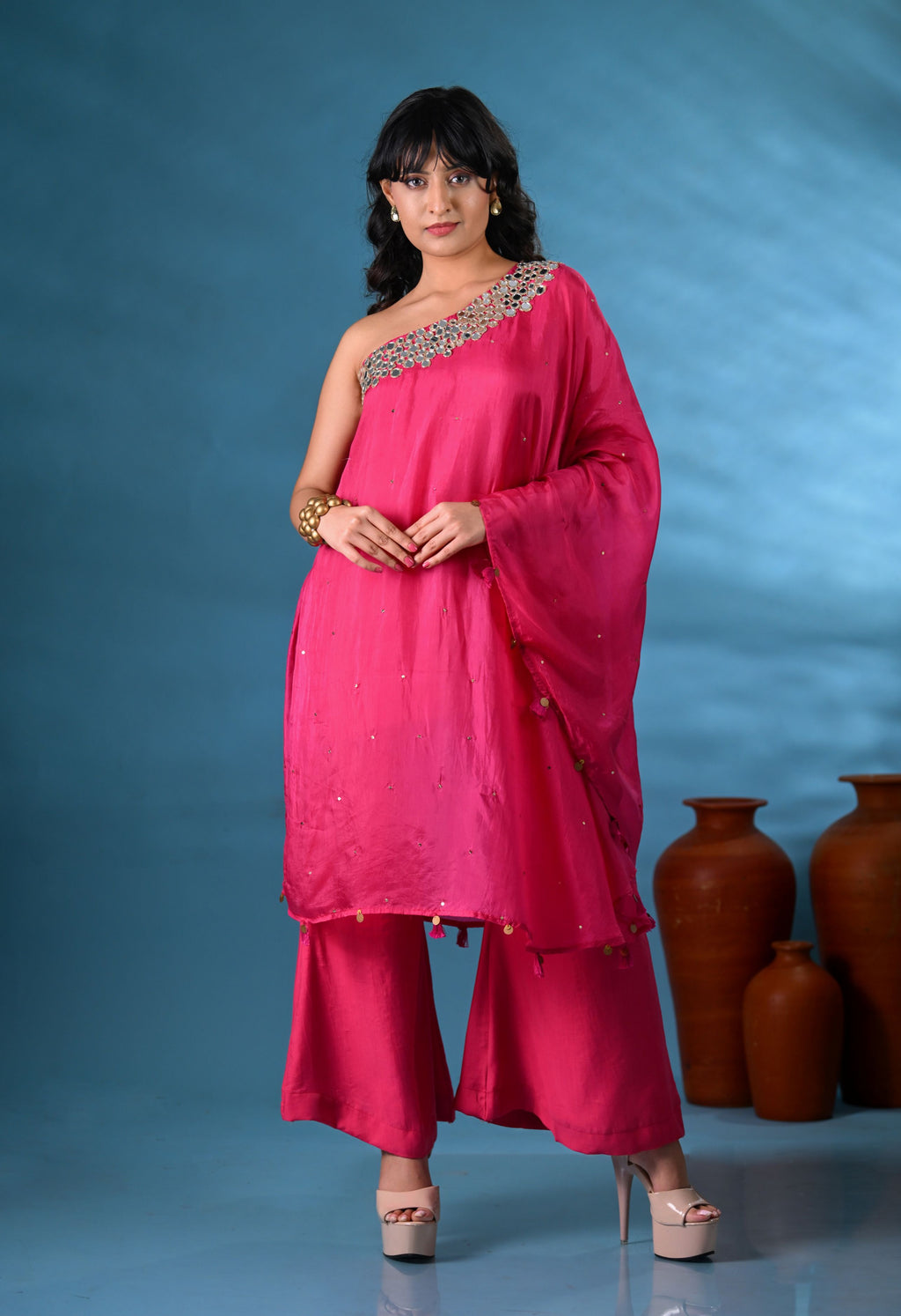Laila Magenta Pink One-shoulder Kurta Set (Set of 2) – Shop Gulmohar